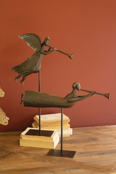 set of 2 rustic metal folk art angels