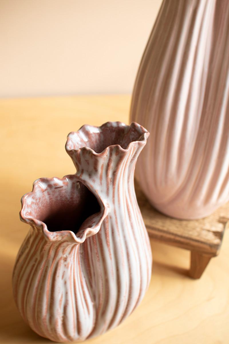 set of 2 ceramic organic fluted vases