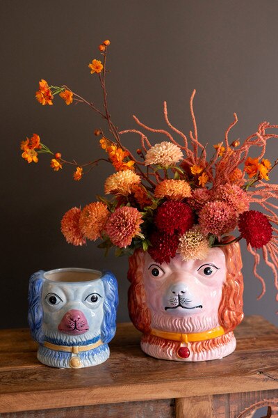 set of 2 vintage-inspired ceramic colorful dog vases