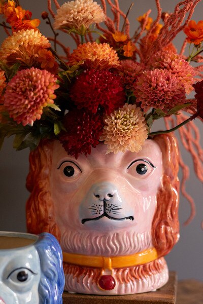 set of 2 vintage-inspired ceramic colorful dog vases