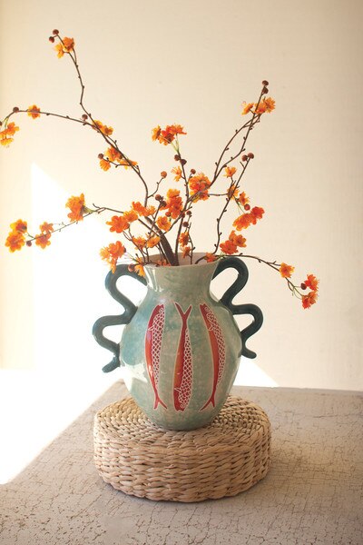 colorful ceramic fish vase with squiggle handles