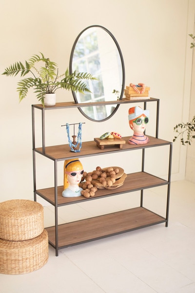 metal and wood display shelves with mirror