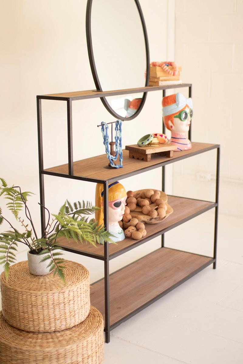 metal and wood display shelves with mirror