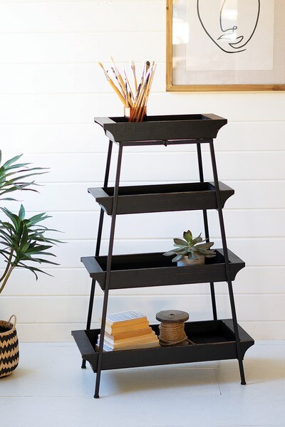 four tiered wood and iron display tower