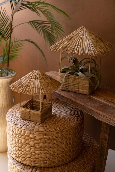 set of 2 seagrass and iron tiki hut planters