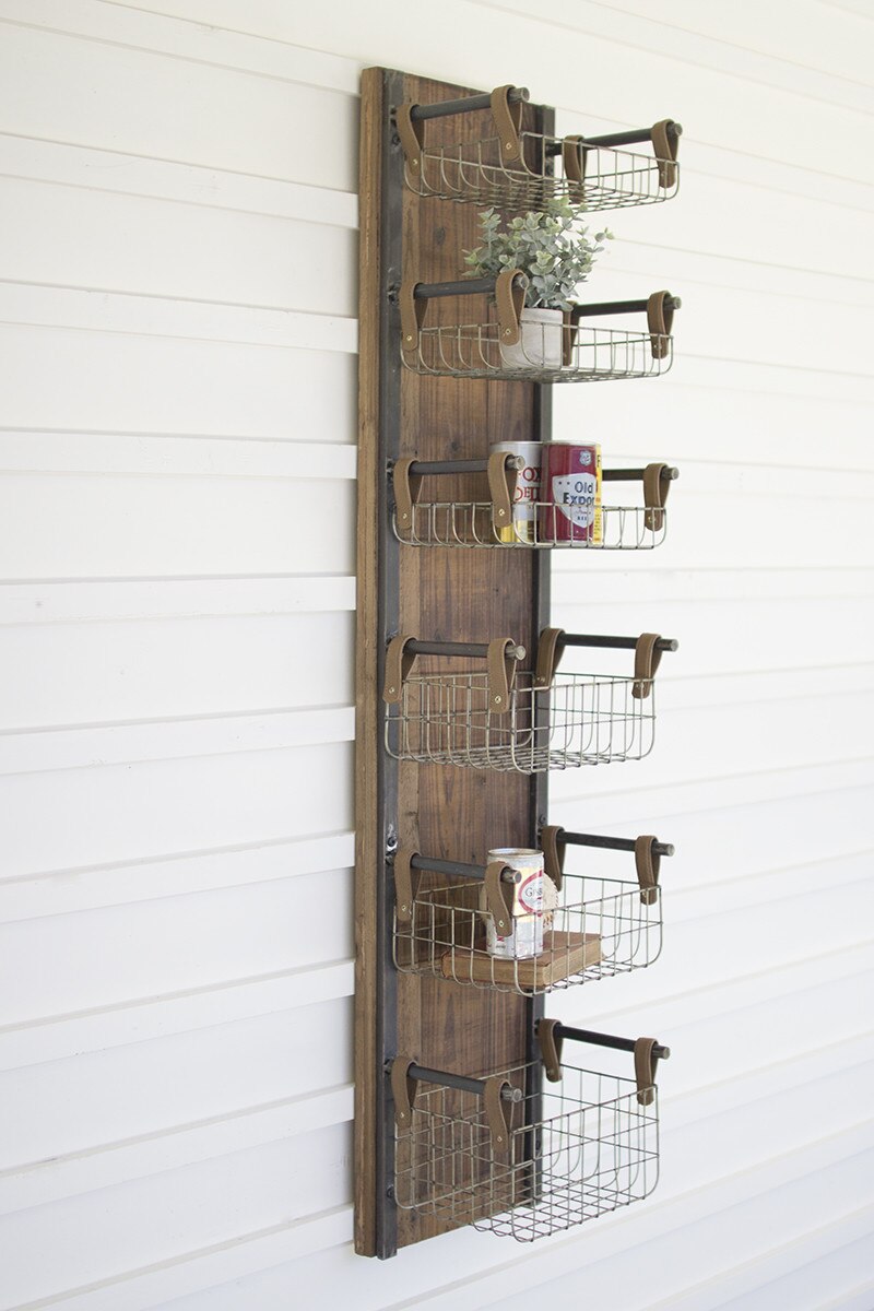 recycled wood & metal wall rack with six wire storage baskets