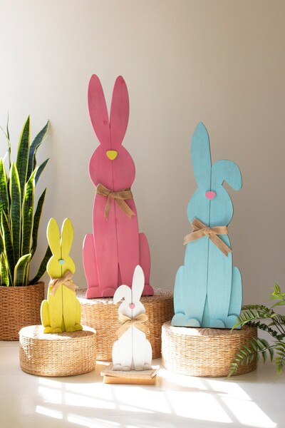 set of 2 pink and blue painted wood easter rabbits