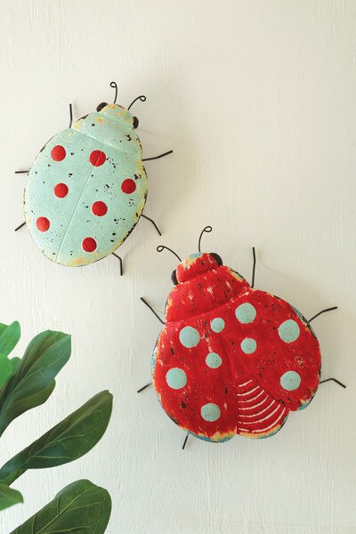 set of 2 painted metal lady bug wall art