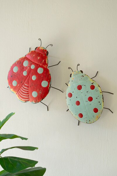 set of 2 painted metal lady bug wall art