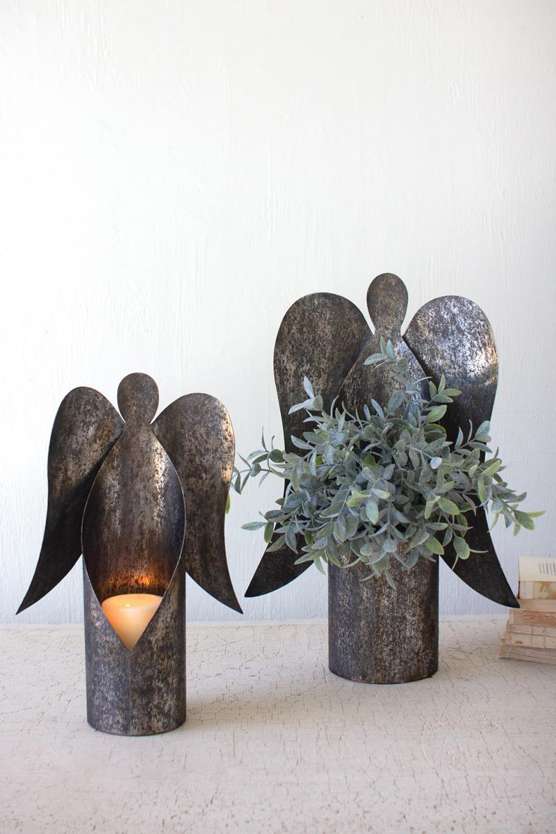set of 2 rustic metal angel candle holders