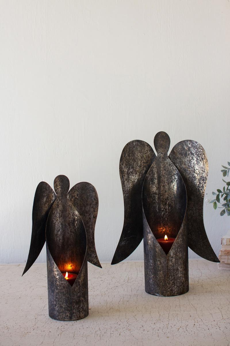 set of 2 rustic metal angel candle holders