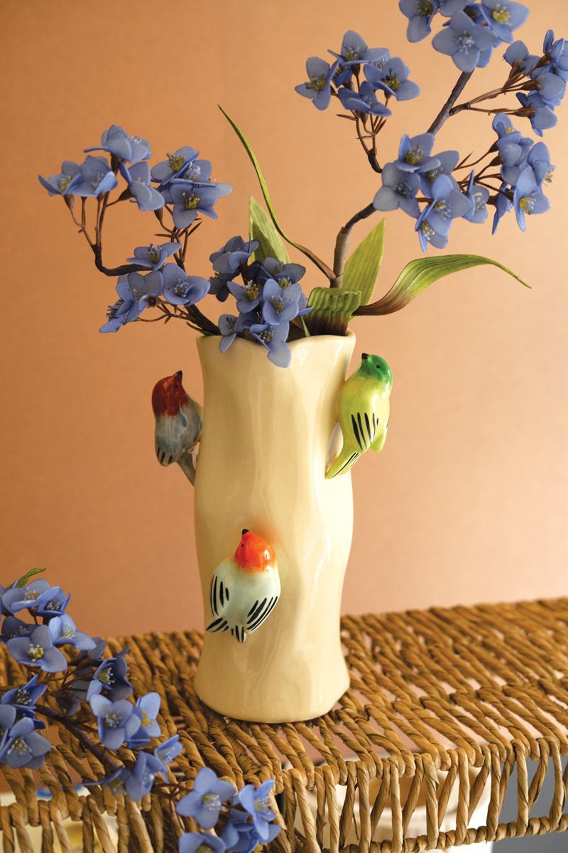 ceramic log vase with colorful birds