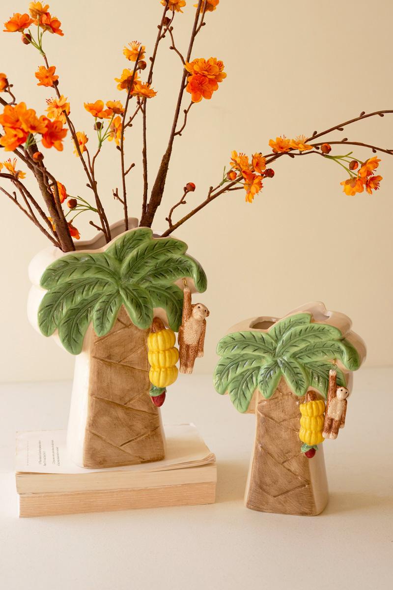 set of 2 ceramic palm tree vases with dangling monkeys