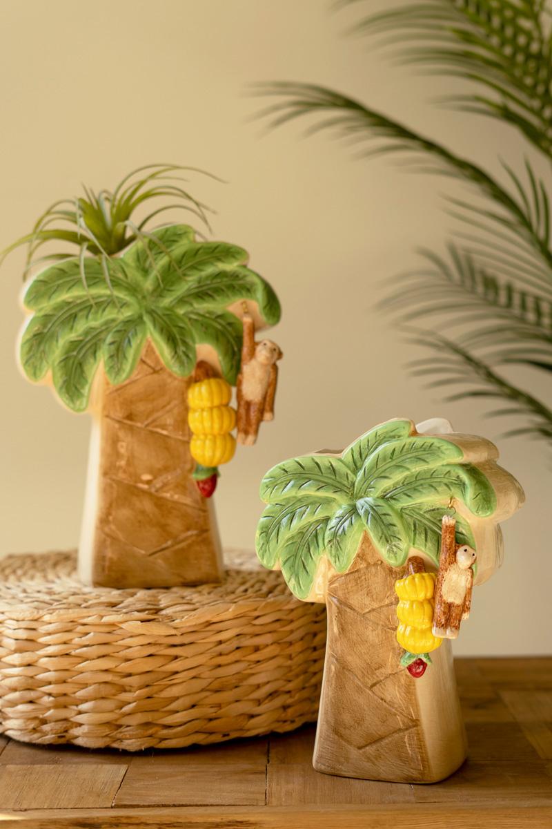 set of 2 ceramic palm tree vases with dangling monkeys