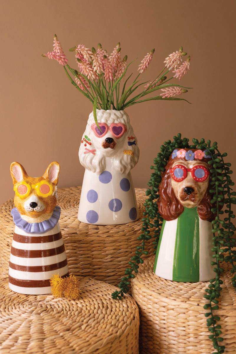 set of 3 ceramic dogs with sunnies vases