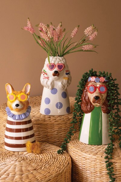 set of 3 ceramic dogs with sunnies vases