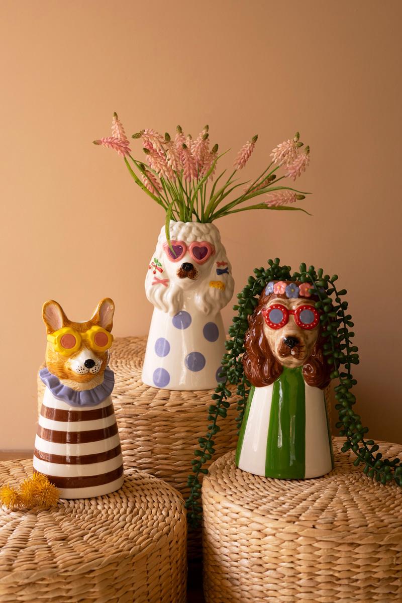 set of 3 ceramic dogs with sunnies vases