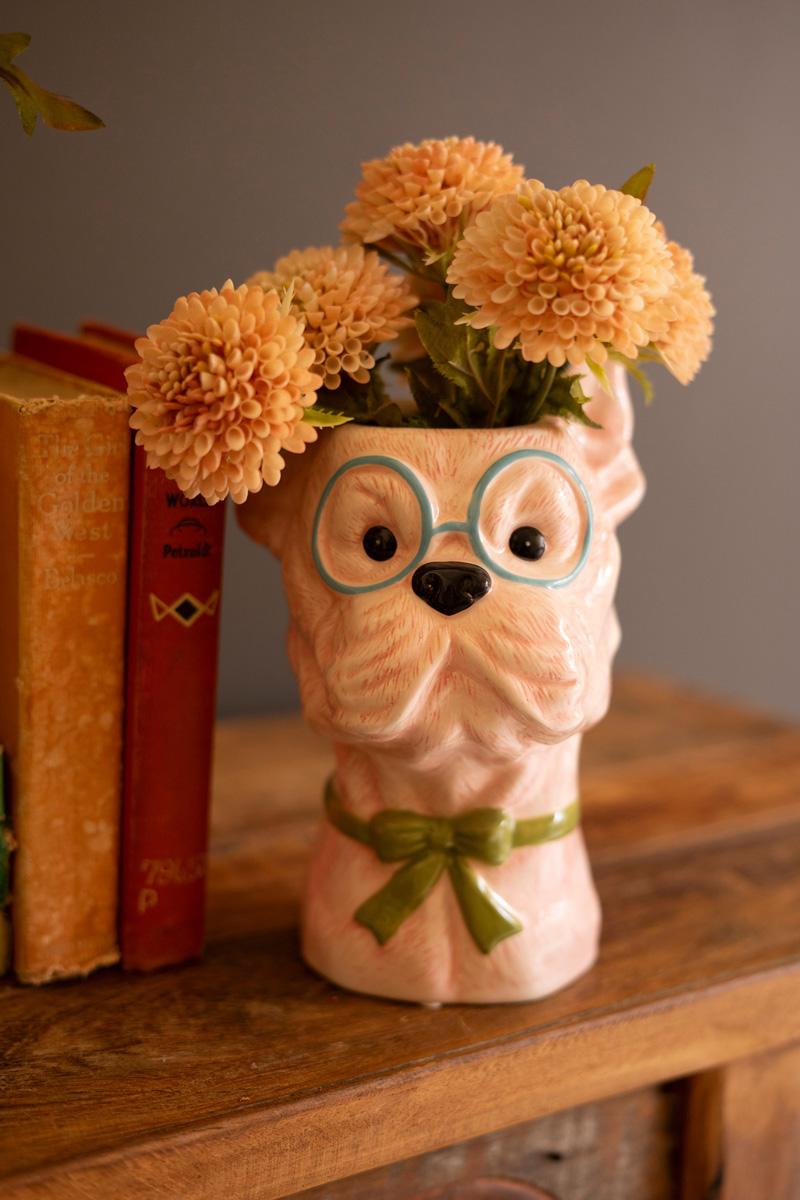 set of 3 ceramic dog with bows vases