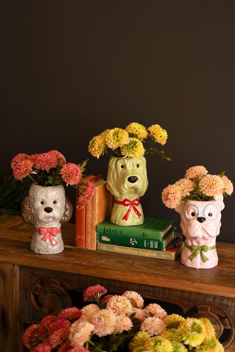 set of 3 ceramic dog with bows vases