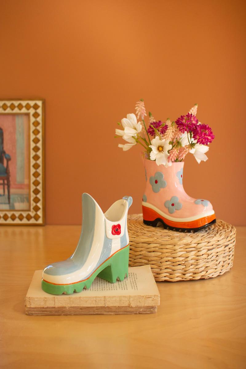 set of 2 colorful ceramic rubber boot vases