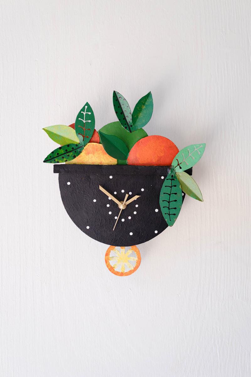 hand-painted fruit wall clock with moving pendulum