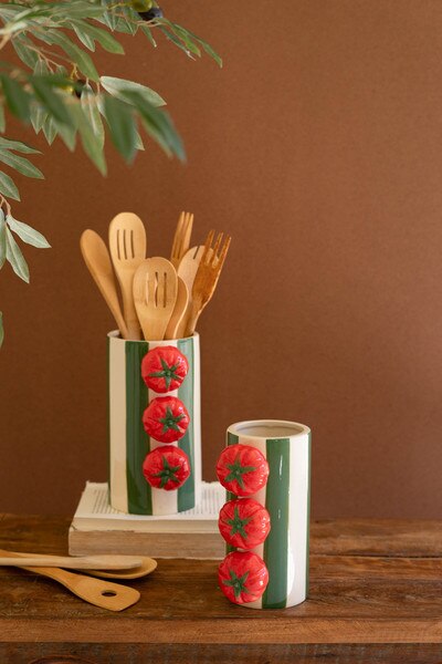 set of 2 ceramic green striped vases with tomatoes