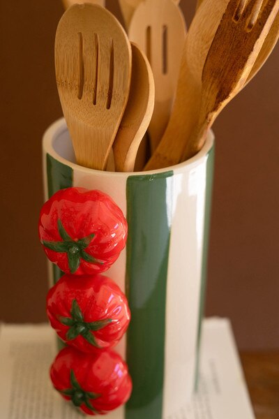 set of 2 ceramic green striped vases with tomatoes