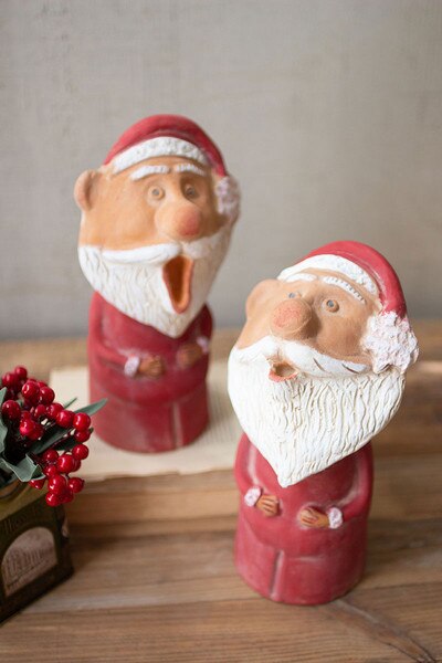 Set Of 2 Clay Singing Santas Handmade In Honduras