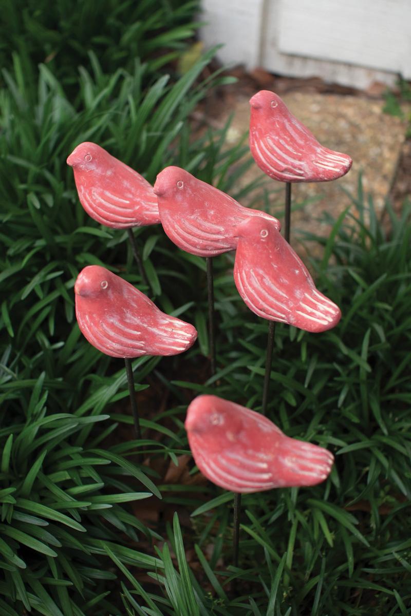 set of 6 clay red bird plant stakes