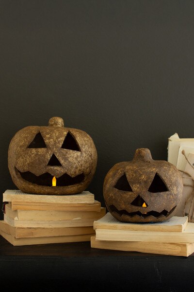 set of 2 paper mache jack-o-lanterns