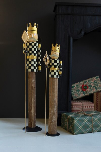 set of 2 painted metal and wood checkerboard nutcrackers