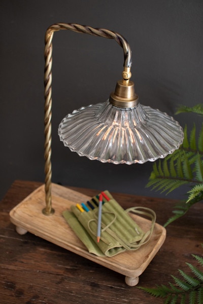 gooseneck table lamp with wooden tray base and glass shade