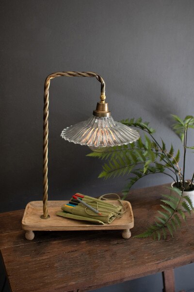 gooseneck table lamp with wooden tray base and glass shade