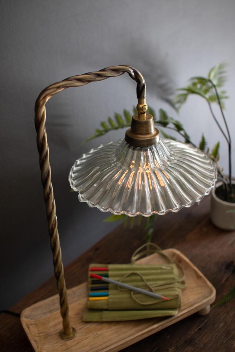 gooseneck table lamp with wooden tray base and glass shade