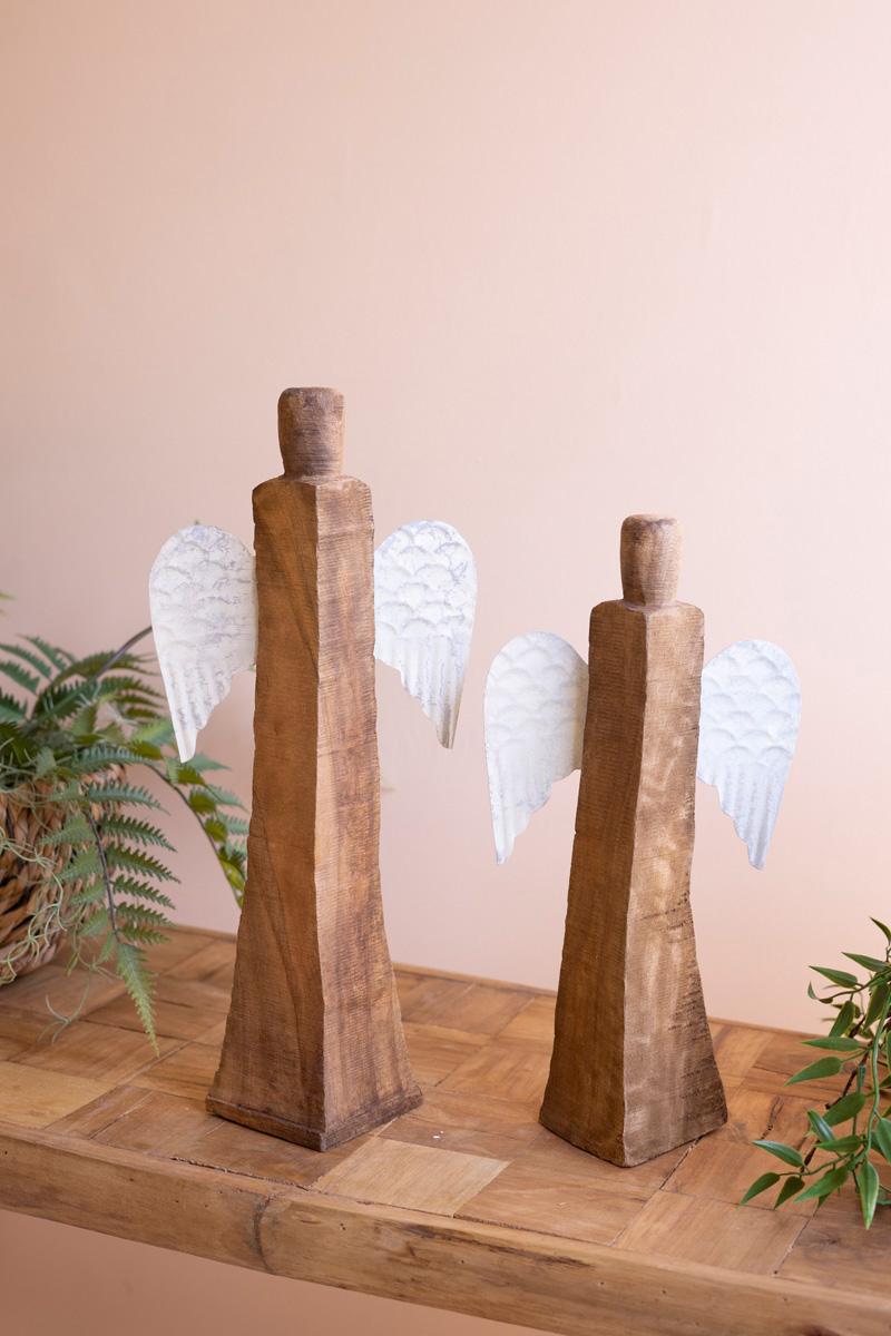 set of 2 recycled wood angels with metal wings