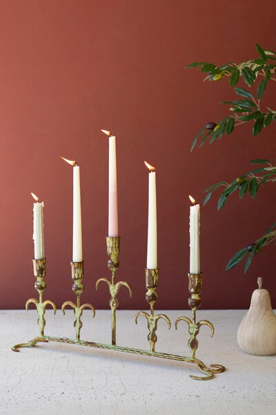 green patina five taper forged candelabra