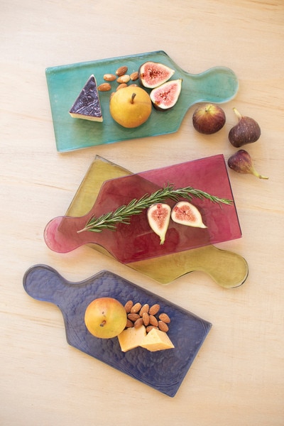 set of 4 colored glass cheese boards