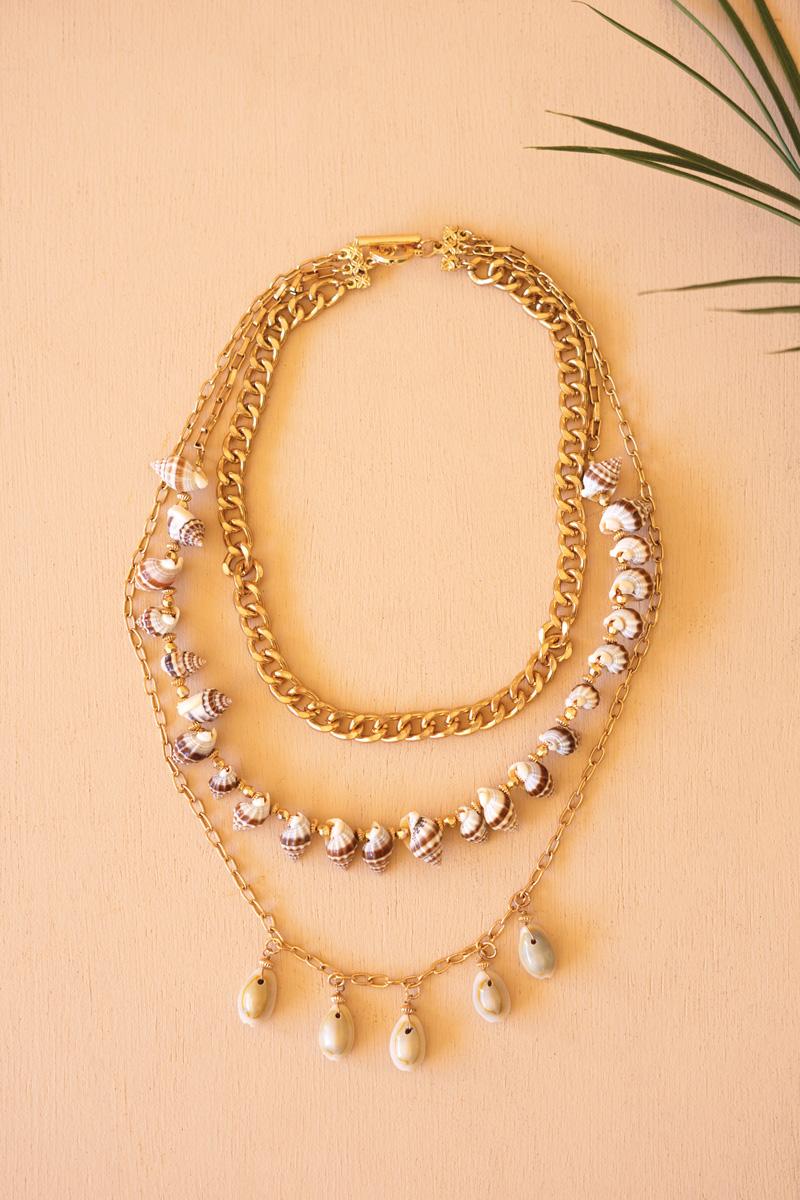 gold-tone chain and shell bead triple swag necklace