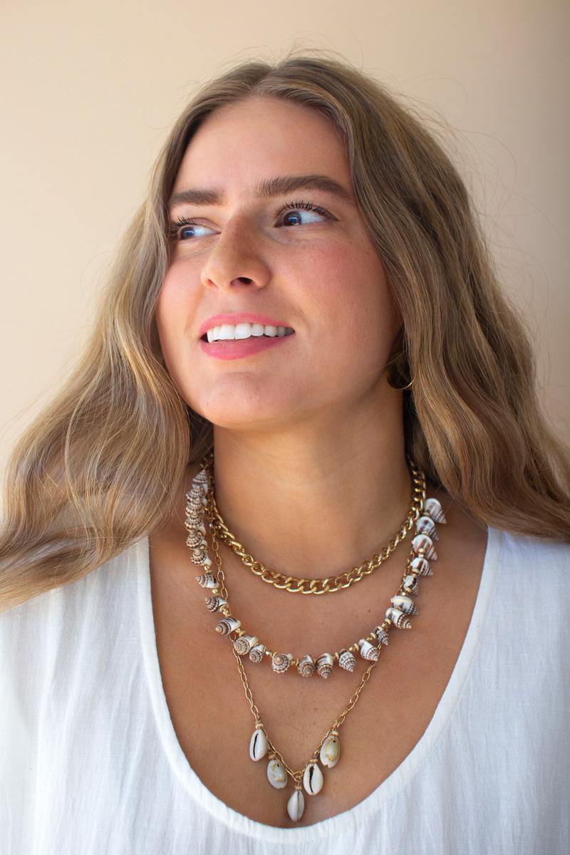 gold-tone chain and shell bead triple swag necklace