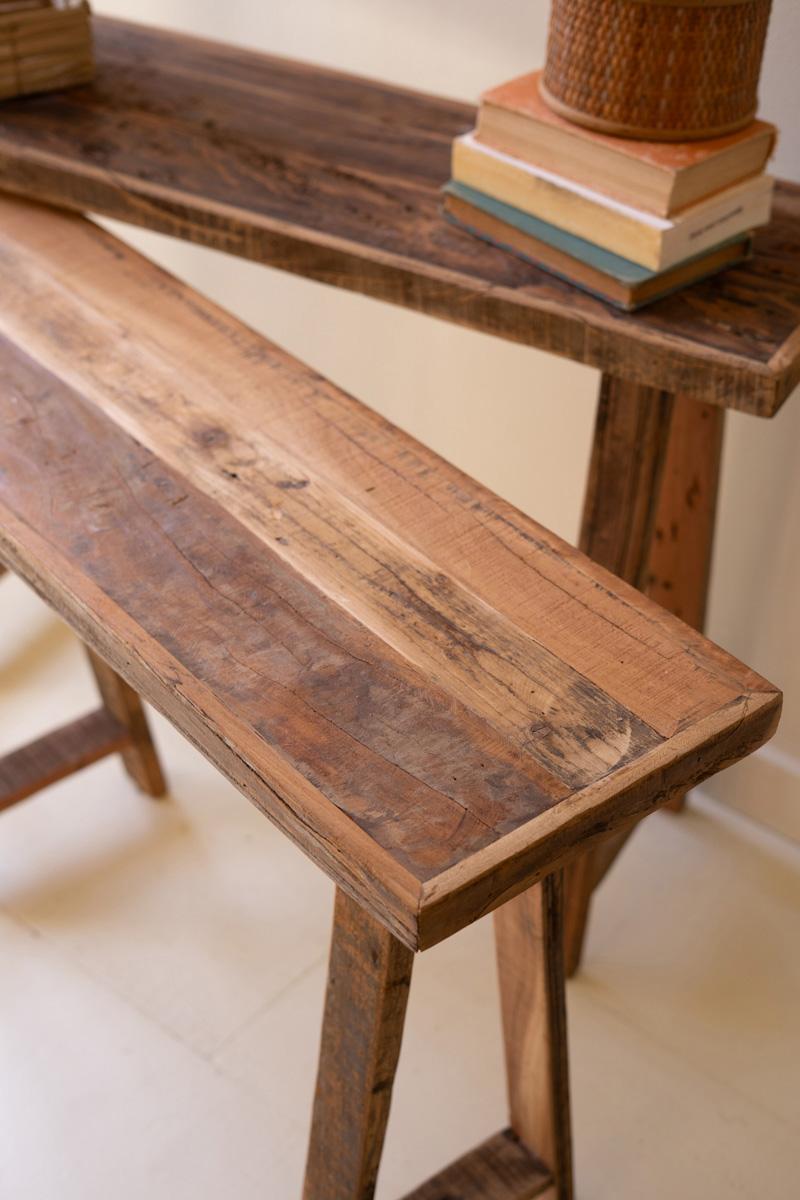 set of 2 recycled wood consoles