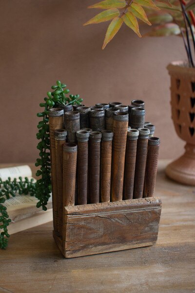 reclaimed wooden thread spool art