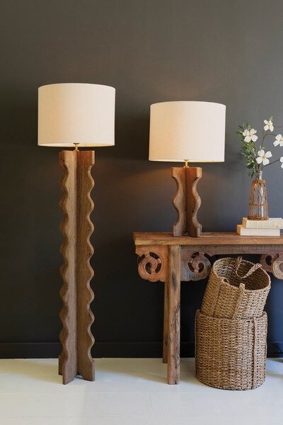 wavy mango wood floor lamp with fabric shade