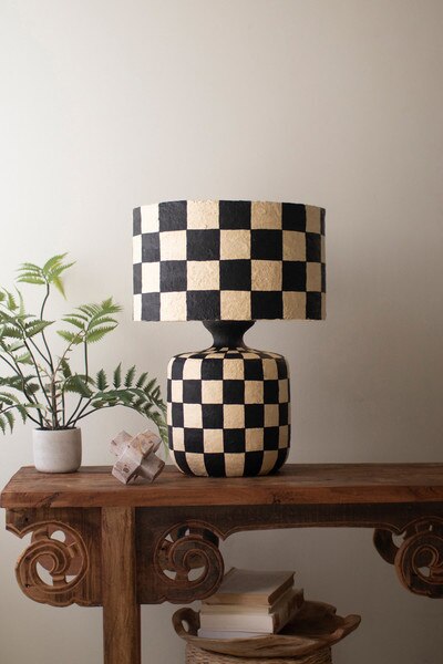 black and white checkered paper mache lamp with shade