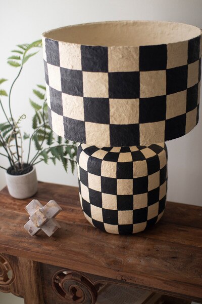 black and white checkered paper mache lamp with shade