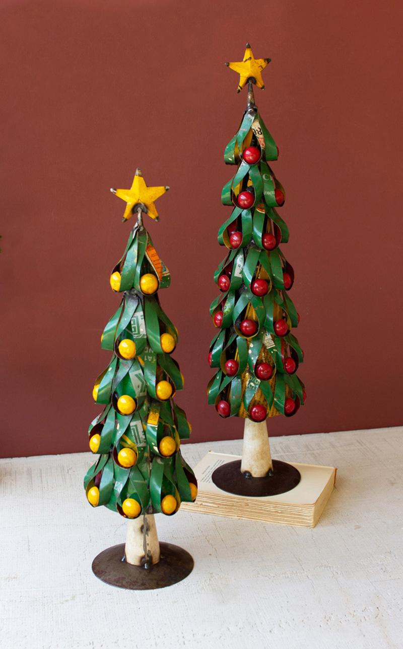 set of 2 recycled metal christmas trees with apples & lemons