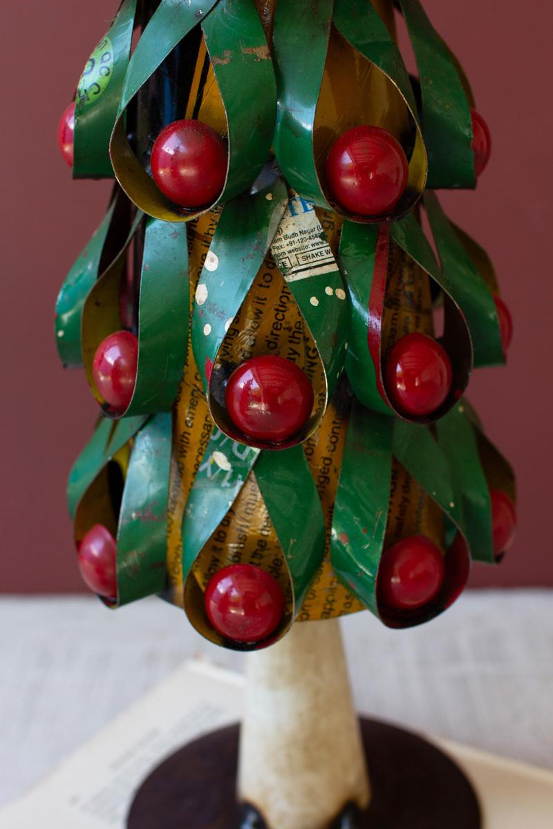 set of 2 recycled metal christmas trees with apples & lemons